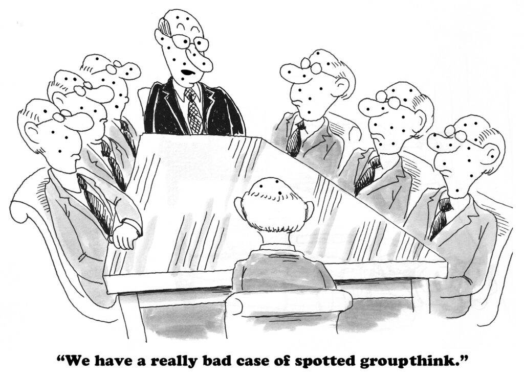 Business cartoon about team members who all look and act the same ...